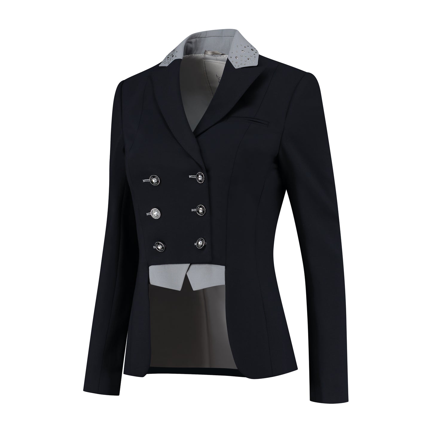 Dressuur korte slipjas - navy, grijs & Swarovski – JuulC Dressuur korte slipjas - navy, grijs & Swarovski – JuulC